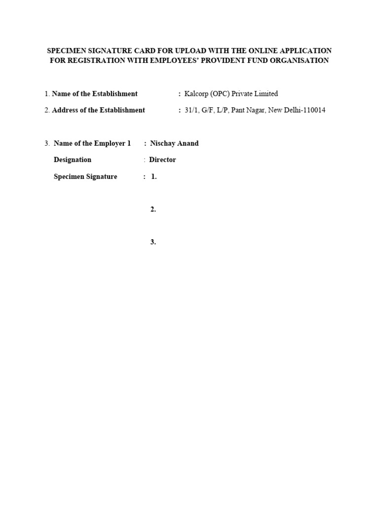 EPFO Registration Specimen Card | PDF | Business