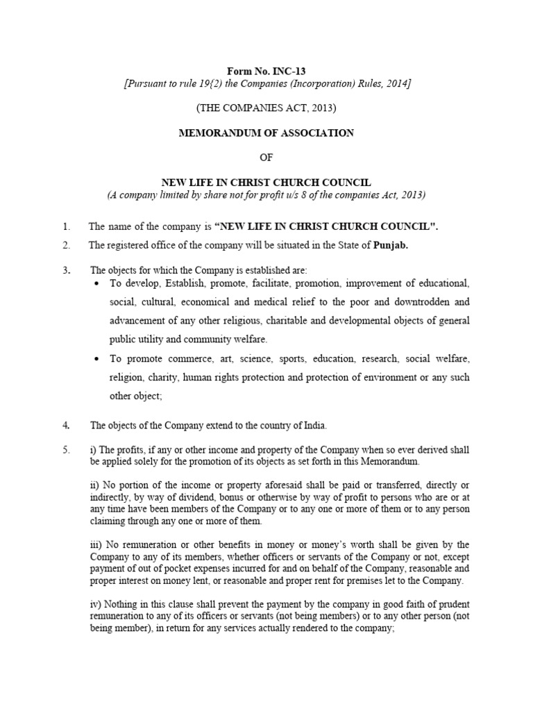 Memorandum of Association | PDF | Expense | Private Law