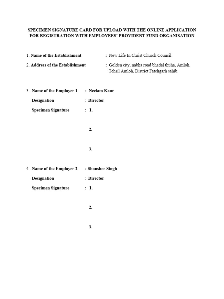 EPFO Registration Signature Card | PDF
