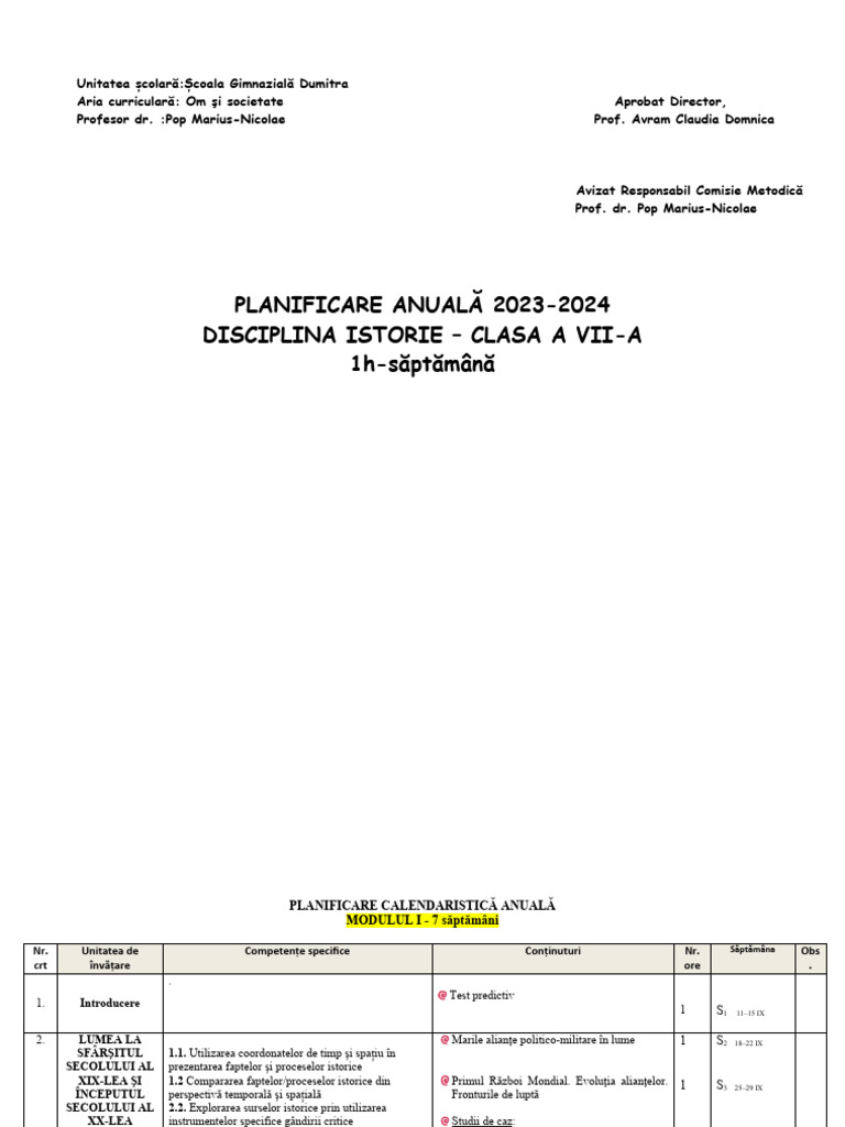 Planificare Istorie Clasa A VII A | PDF