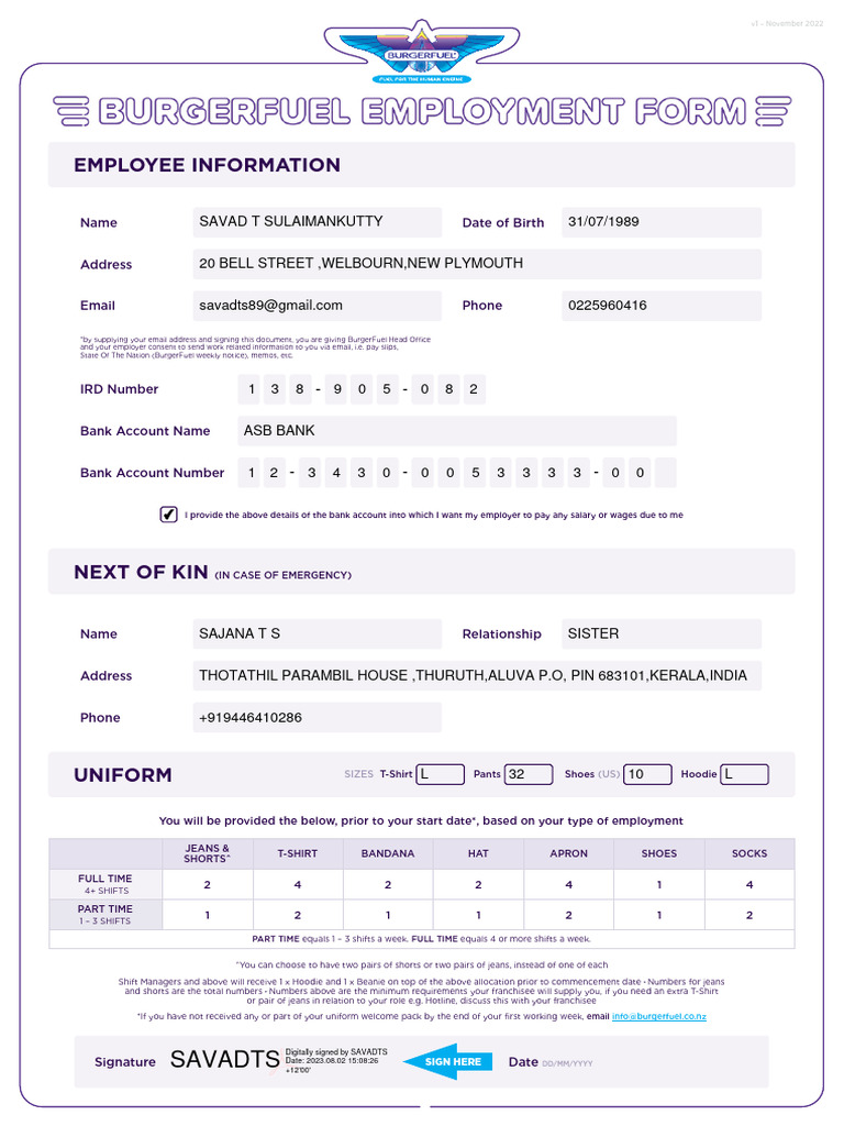 Burgerfuel Employment Form A4 Dec 2022 | PDF
