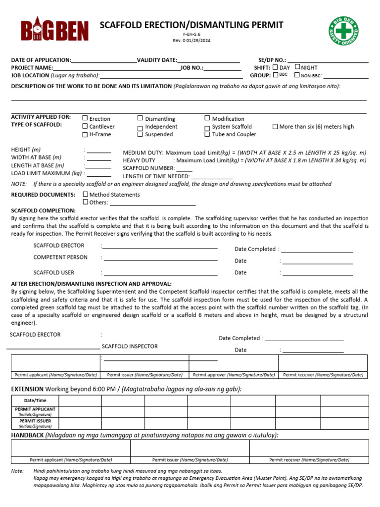 F-EH-5.6 Scaffold Erection-Dismantling Permit - Rev 0 | PDF | Scaffolding