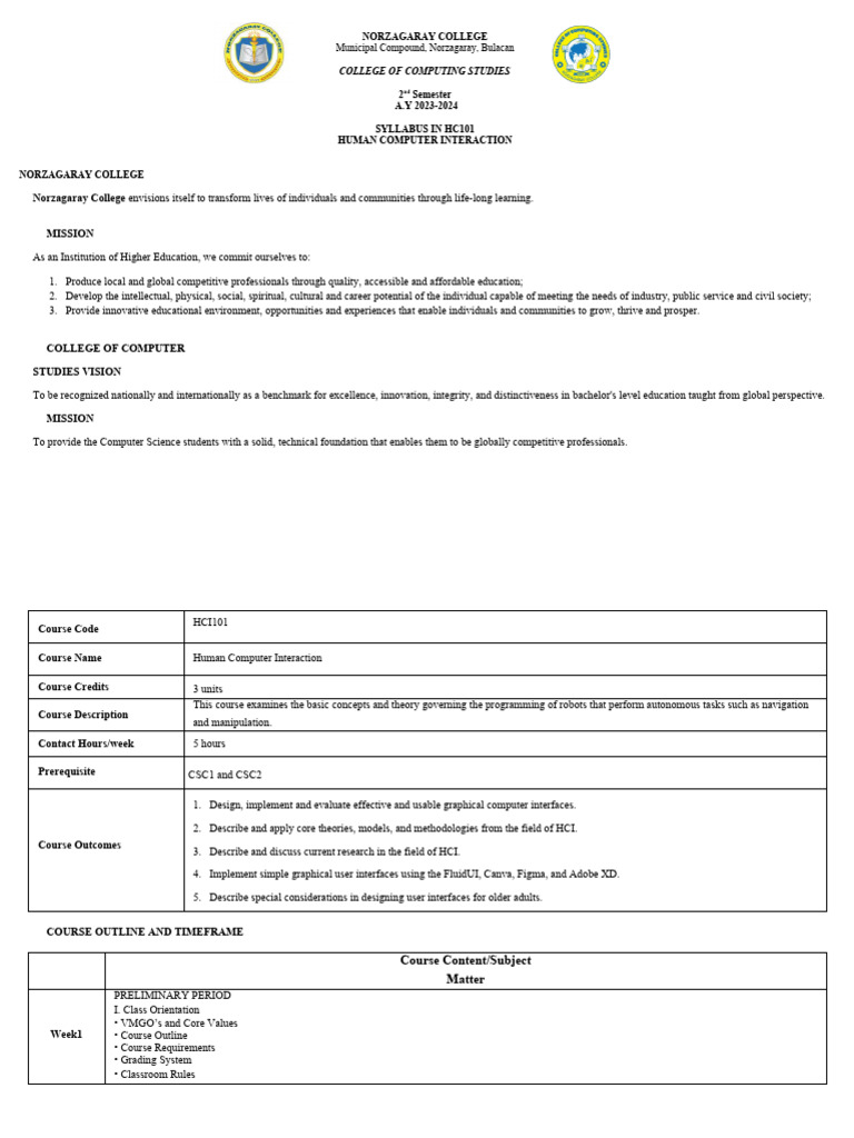 HUMAN COMPUTER INTERACTION SYLLABUS - 2023-2024 - Ronaven Ashley P ...