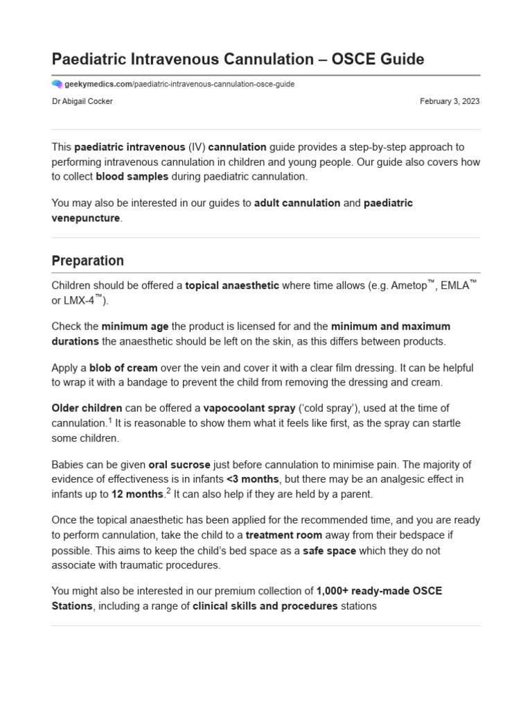 Paediatric Intravenous Cannulation - OSCE Guide - Geeky Medics | PDF | Intravenous Therapy ...