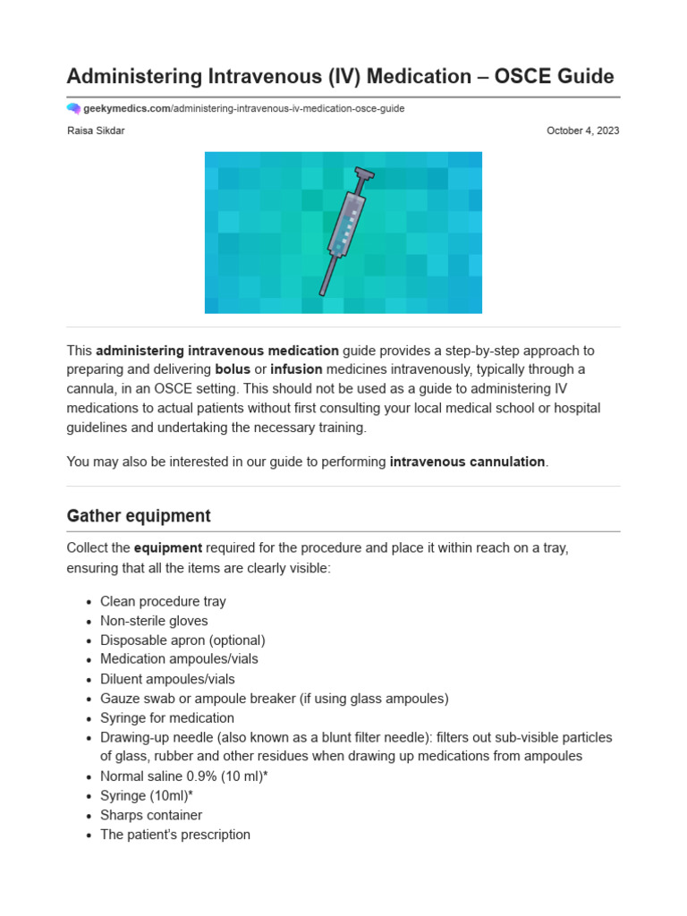 Administering Intravenous (IV) Medication - OSCE Guide - Geeky Medics ...