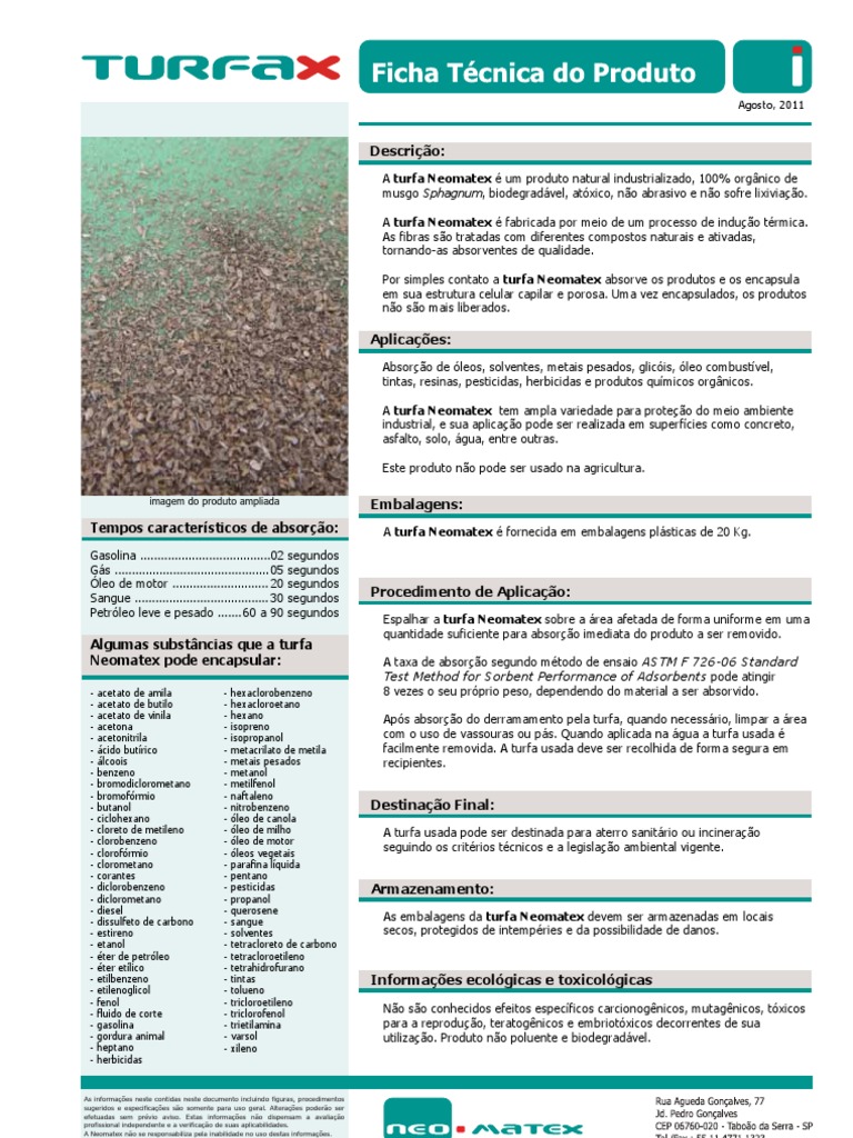 Ficha Técnica Turfa para Absorção Óleos | PDF | Turfa | Solvente