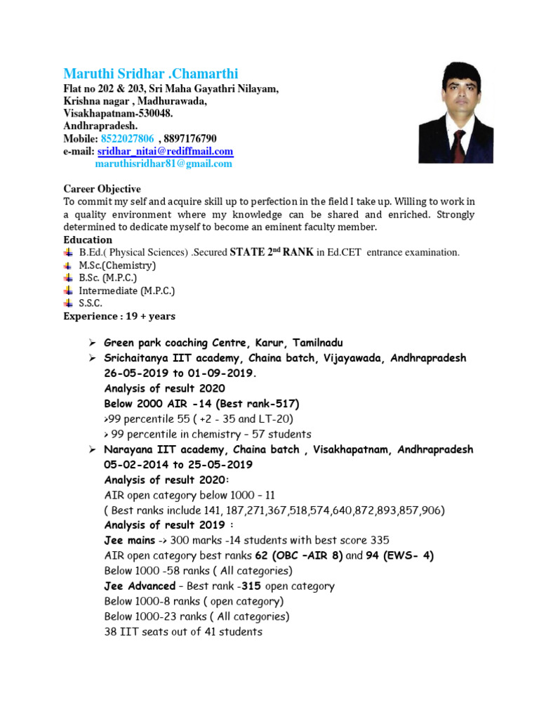 0 - Sridhar Resume May 2021 | PDF | Science Education | Universities And Colleges