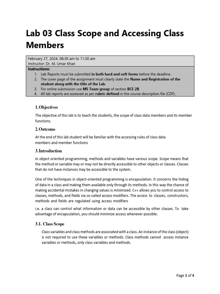 Lab 03 Class Scope and Accessing Class Members: 1. Objectives | PDF | Computers