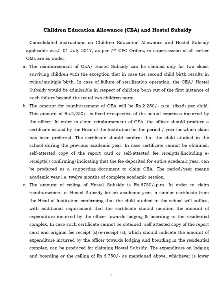 Army Hostel Subsidy and CEA Guidelines | PDF | Wellness