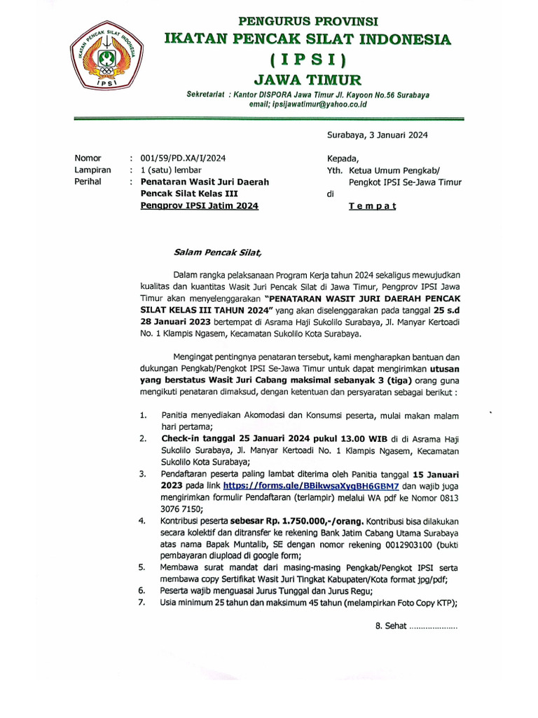 Surat edaran Penataran Wasit Juri 2024 | PDF