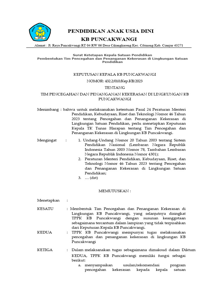 Lampiran 2 - Contoh SK Kepala Satuan Pendidikan Pembentukan TPPK | PDF