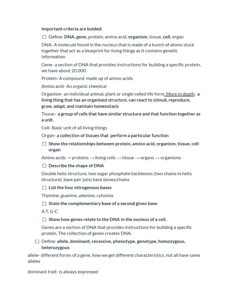 Year 10 Biology Check List Based On Sucess Criteria | PDF | Zygosity ...