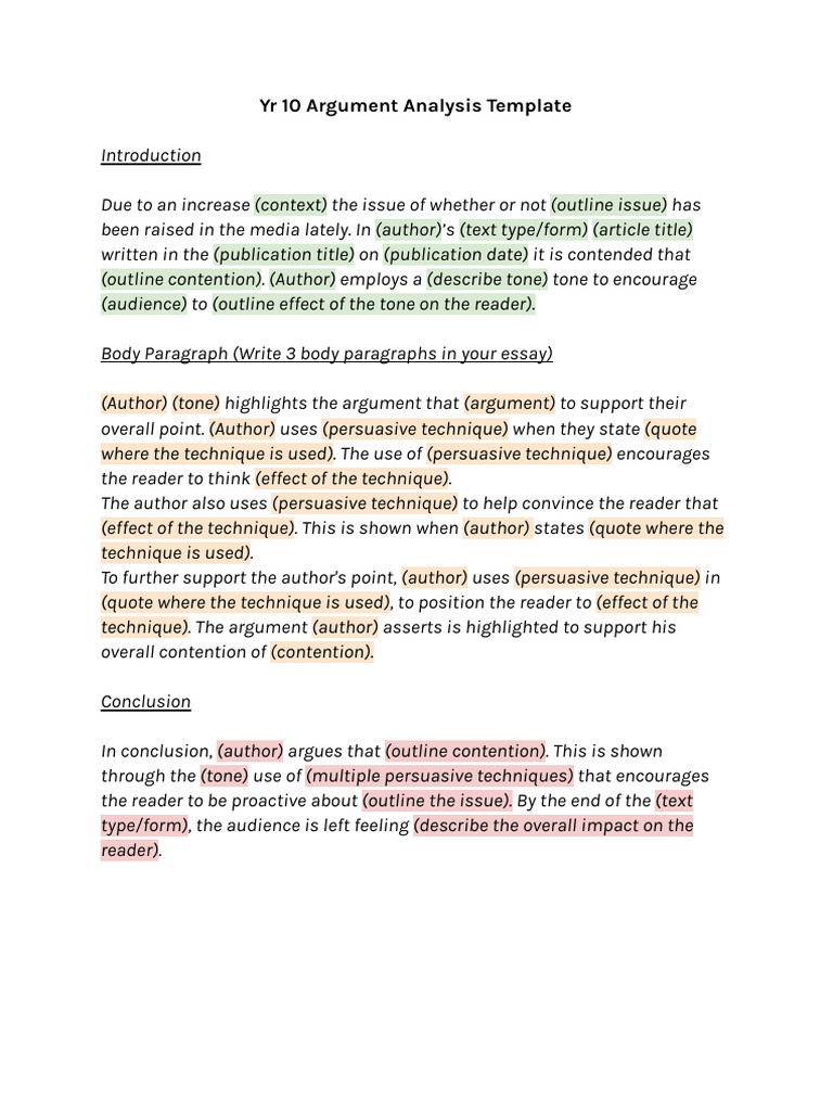 Yr 10 Argument Analysis Template | PDF