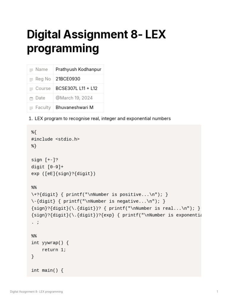 Digital Assignment 8 - LEX Programming | PDF | Computer Science ... Digital Assignment 8 - LEX Programming | PDF | Computer Science ...