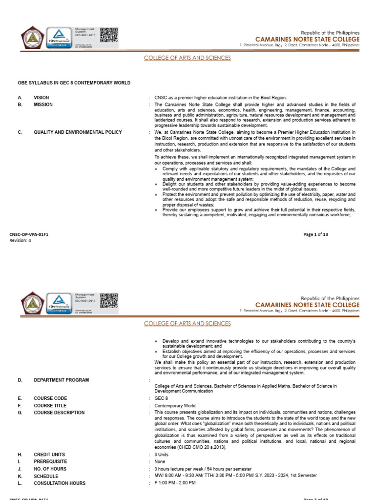 GEC 8 Syllabus: Contemporary World | PDF | Globalization | Knowledge