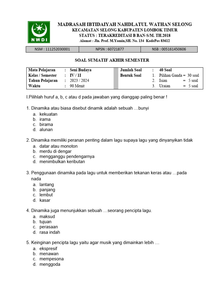 Soal Seni Budaya Dan P5 Ppra Kelas 4 | PDF