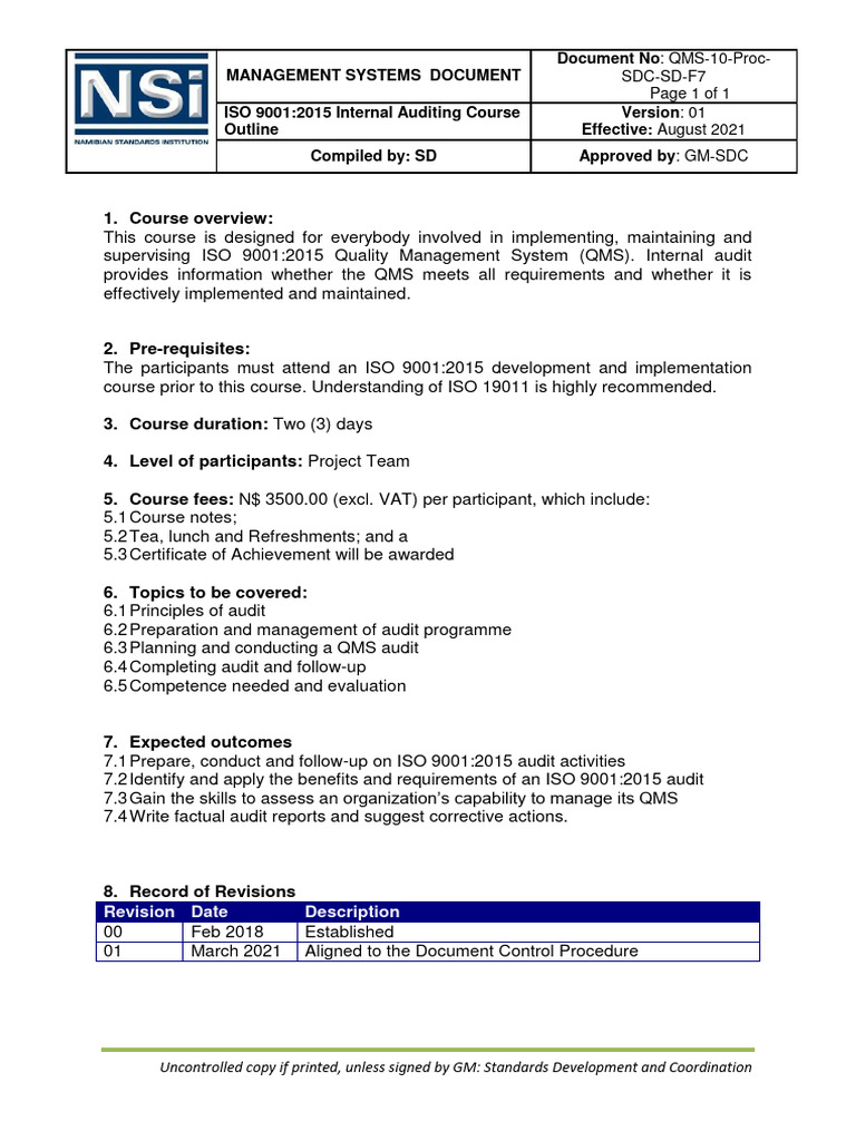 NSI ISO 9001 Internal Auditing Course Outline | PDF