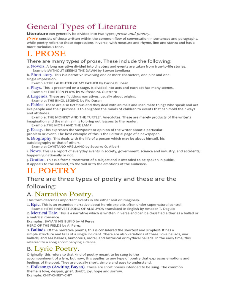 Types of Literature: Prose and Poetry | PDF | Poetry | Comedy