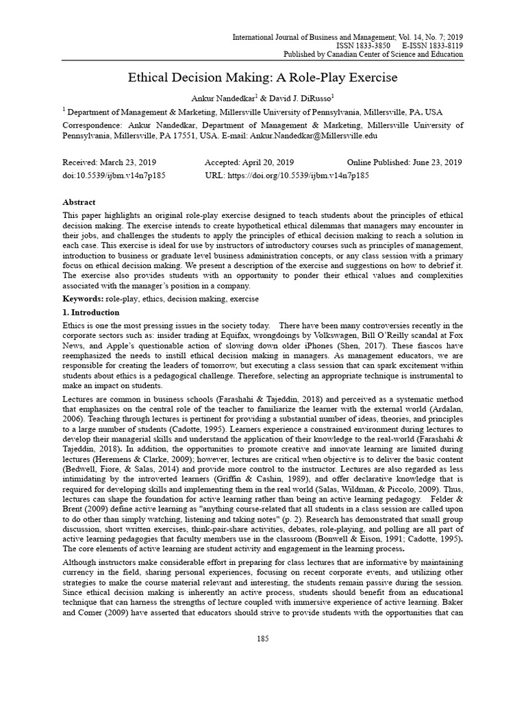 Ethical Decision Making A Role-Play Exercise | PDF | Pension | Learning