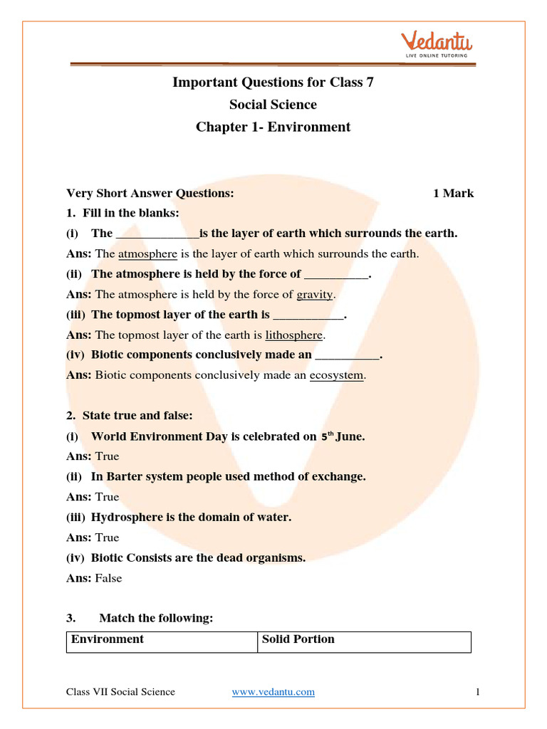 Class 7 Environment Important Questions | PDF | Natural Environment ...
