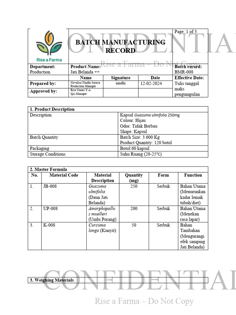 Draft - Batch Manufacturing Record - Rise A Farma | PDF