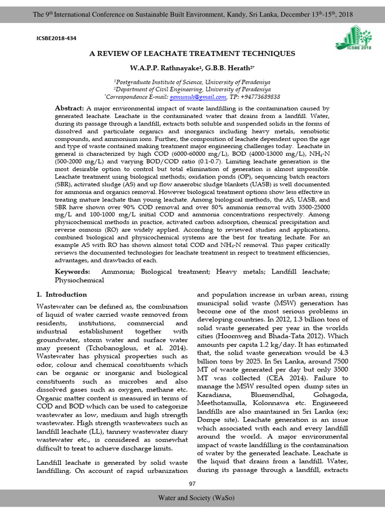A Review of Leachate Treatment Technique | PDF | Sewage Treatment ...