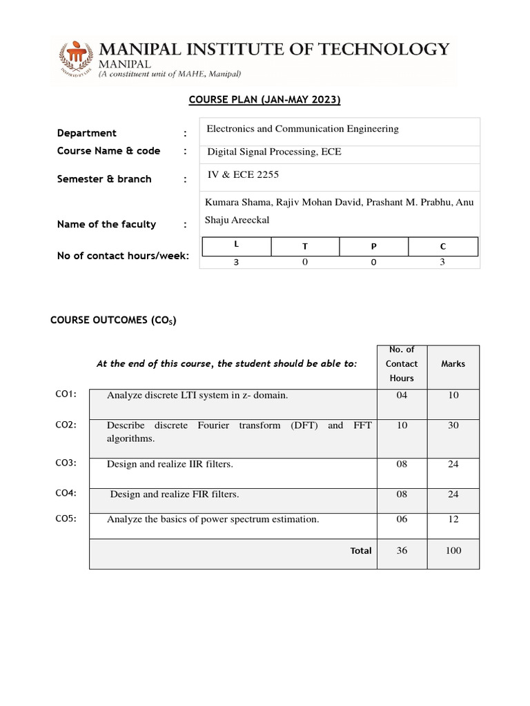 Digital Signal Processing Course Plan | PDF