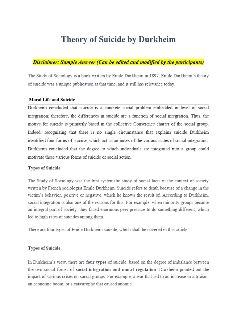 Theory of Suicide by Durkheim | PDF | Émile Durkheim | Sociology