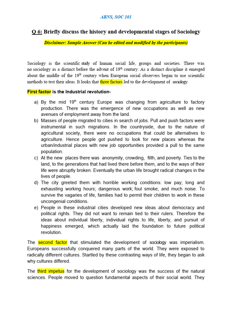 Q 6 The History and Developmental Stages of Sociology | Download Free ...