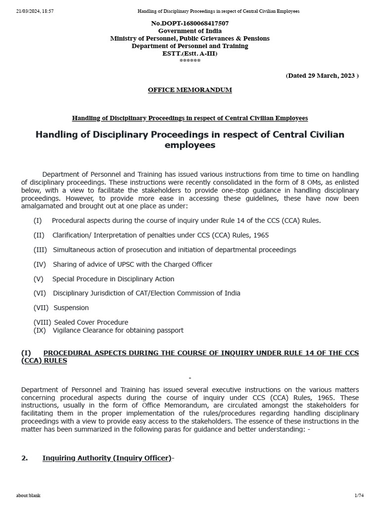 Handling of Disciplinary Proceedings in Respect of Central Civilian Employees | Download Free ...