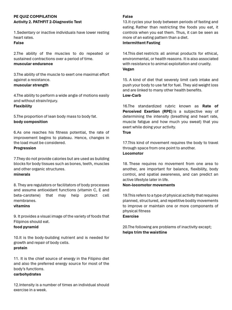 PE Quiz Compilation | PDF | Body Mass Index | Strength Training