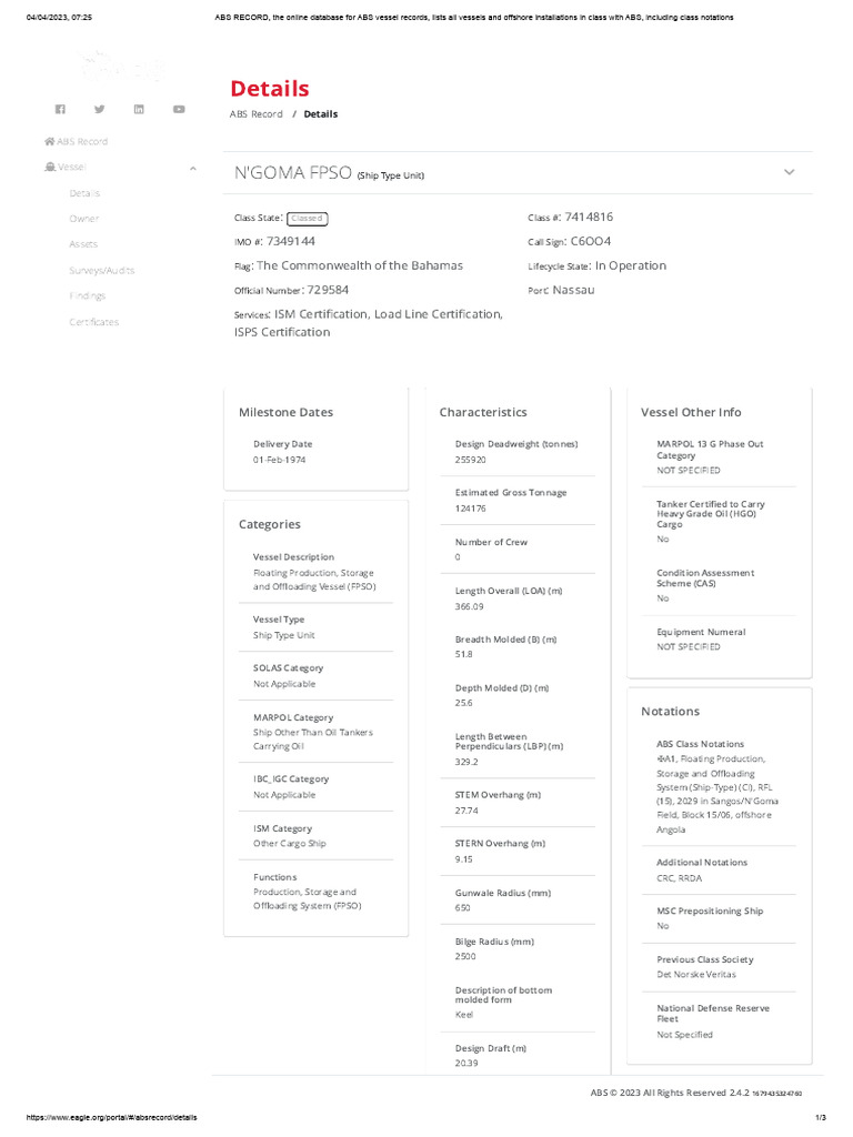 ABS RECORD FPSO NGOMA Complete April 2023 | PDF | Ships | Tonnage