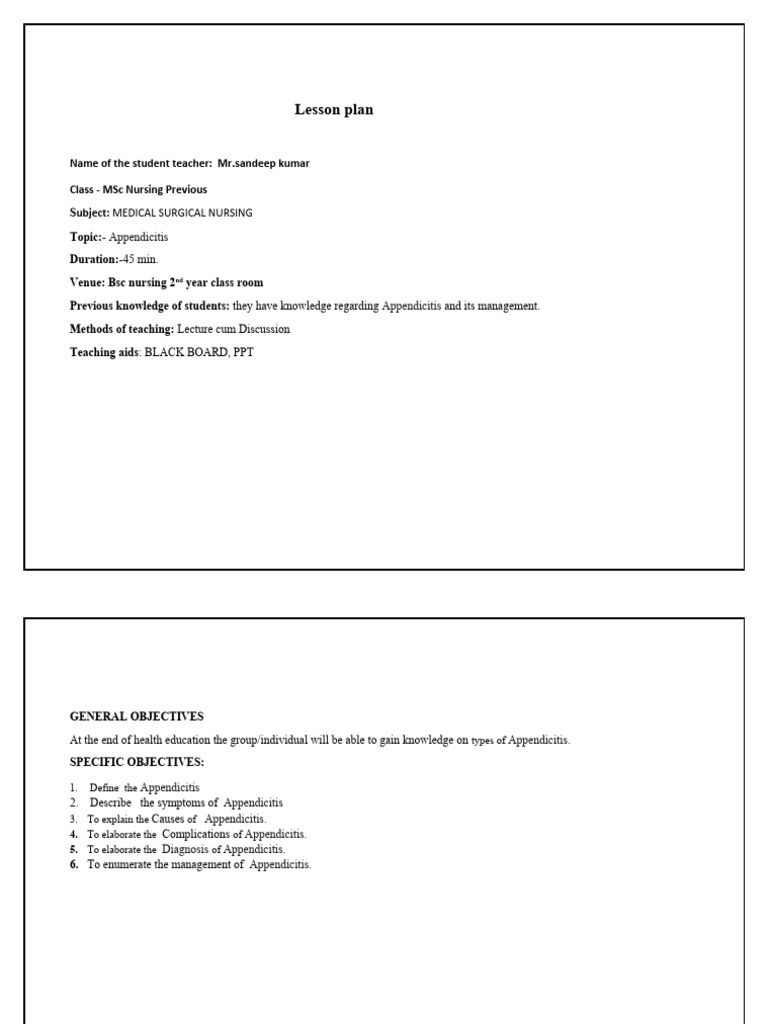 Lesson Plan On Appendicitis | PDF | Human Diseases And Disorders ...