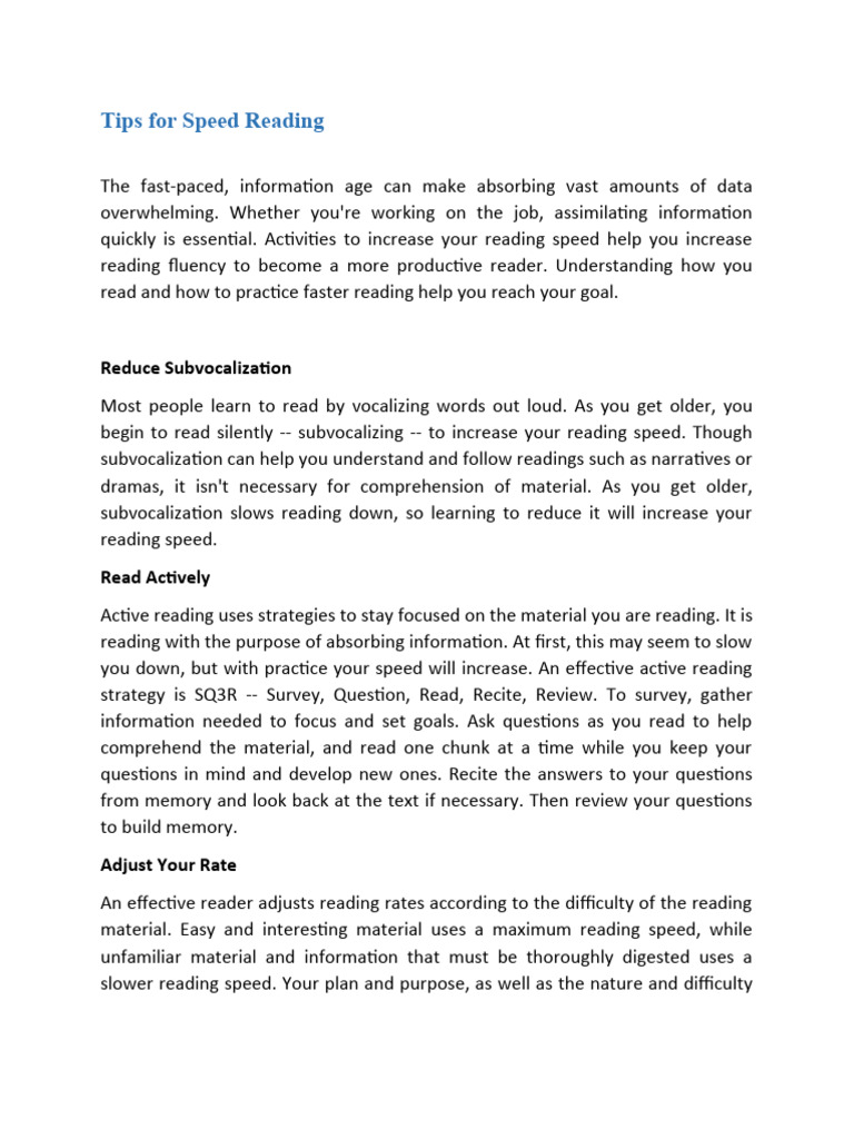 Tips For Speed Reading (Handout For Parcticipants) | PDF
