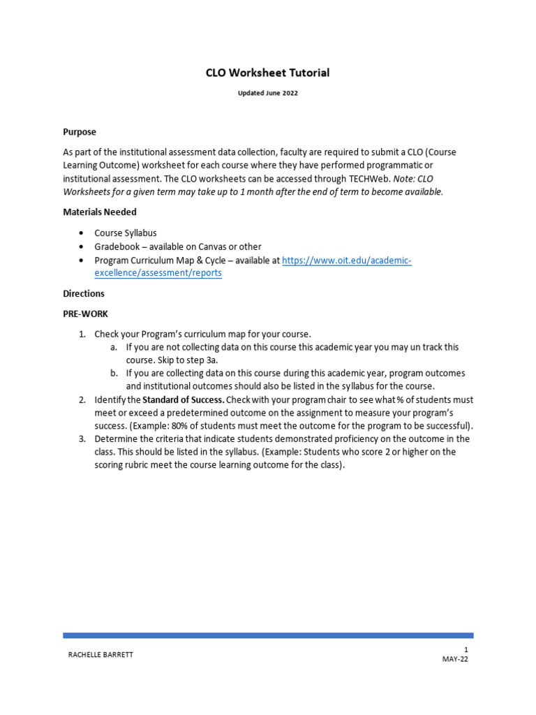 CLO Worksheet Tutorial - 0 | PDF | Rubric (Academic)