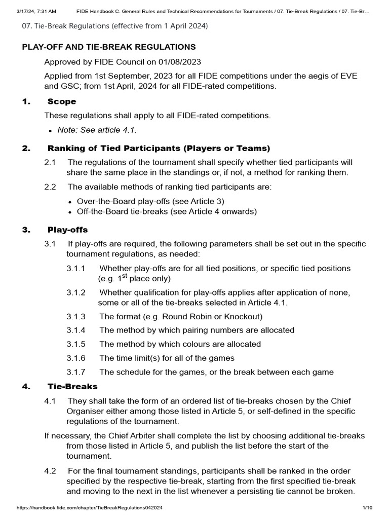 Chess Tie-Break Regulations (Effective From 1 April 2024) | PDF