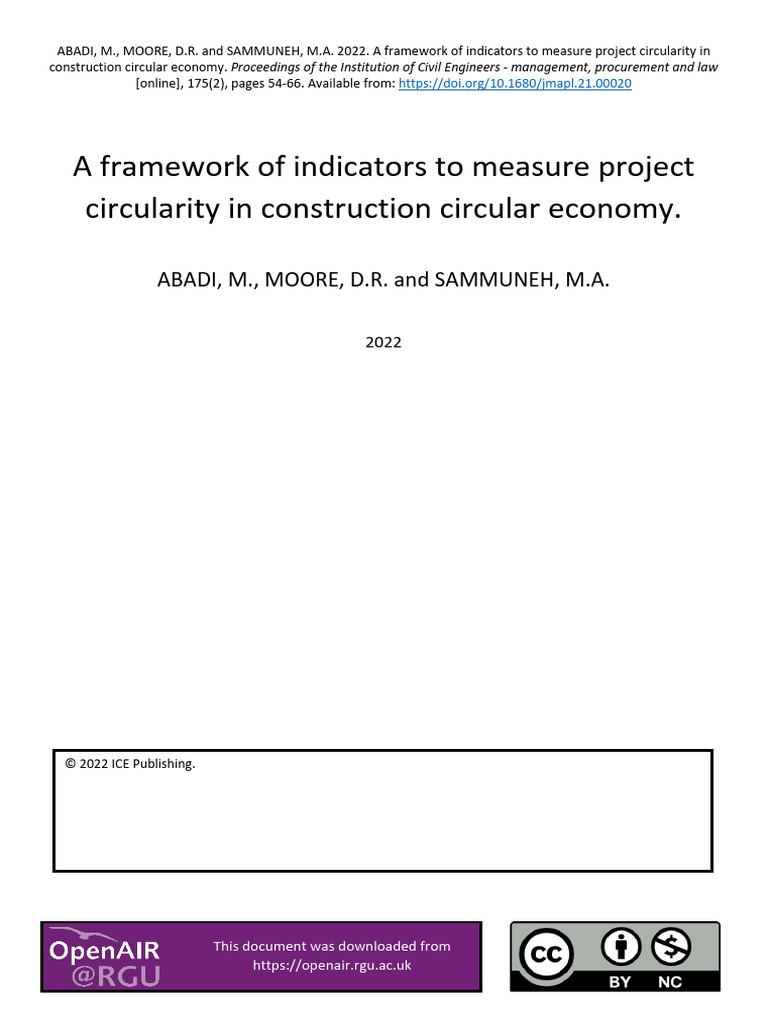 A Framework Of Indicators To Measure Project Circularity In Construction Circular Economy