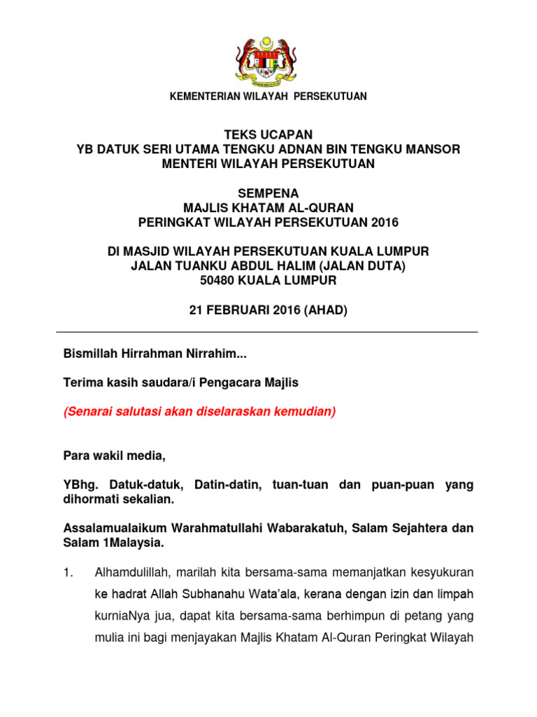 Teks Ucapan YBM - 21 Feb - Majlis Perasmian Khatam Al-Quran (Penuh) | PDF