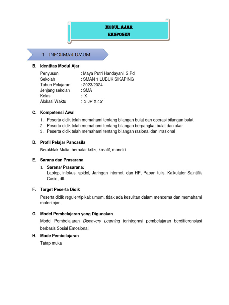 Modul Ajar Eksponen Kelas X SMA | PDF | Karier & Perkembangan | Metode & Bahan Ajar