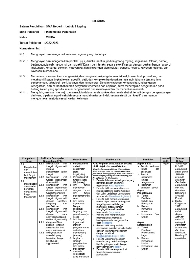 Silabus Matematika Peminatan Xii | PDF | Metode & Bahan Ajar