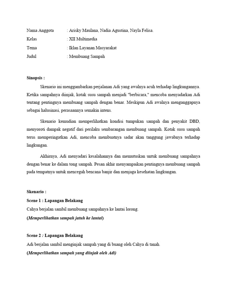 SINOPSIS Iklan Layanan Masyarakat (MembulANG SAMPAH) | PDF