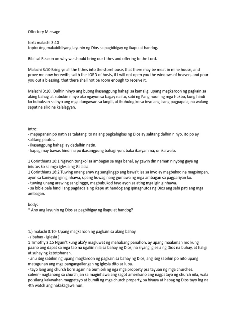 Ang Makabibliyang Layunin NG Dios Sa Pagbibigay NG Ikapu at Handog. | PDF
