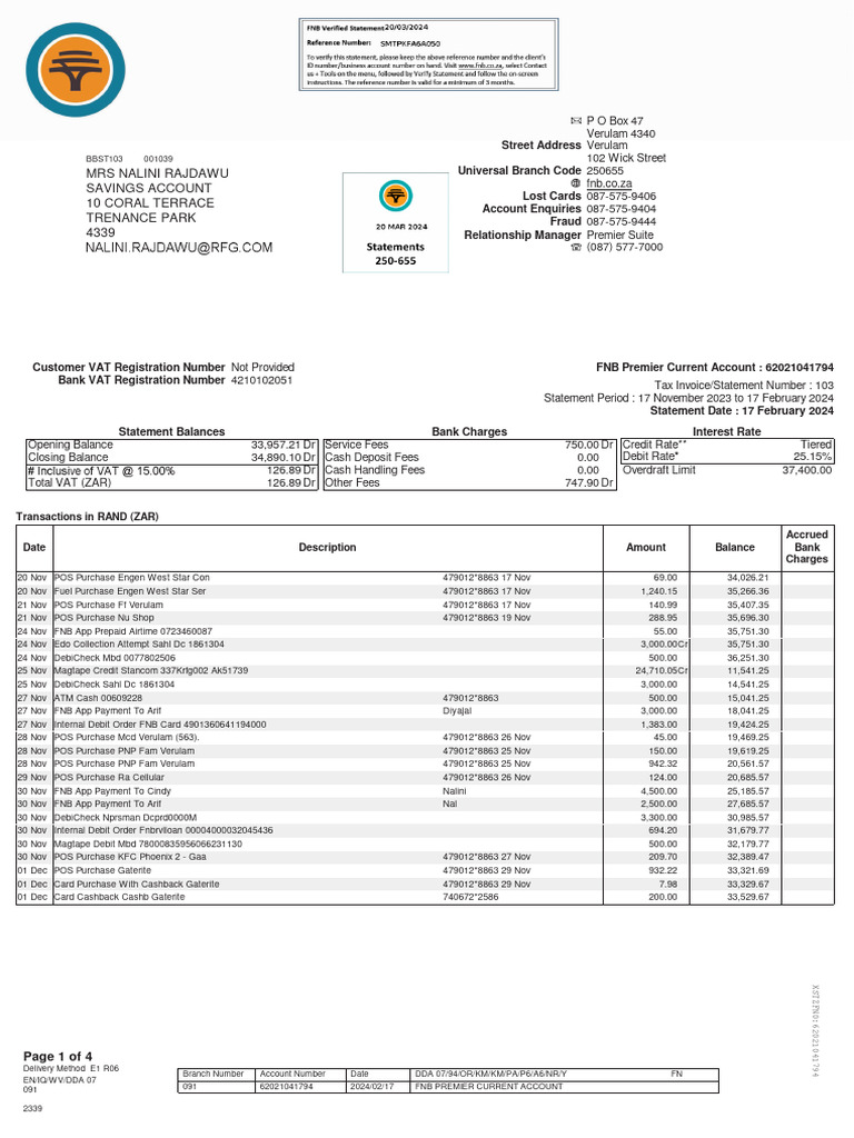 FNB Premier Current Account Statement | PDF | Debit Card | Transaction ...