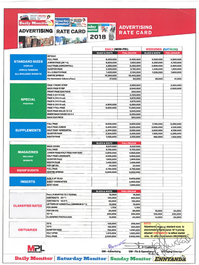 Daily Monitor Rate Card | PDF