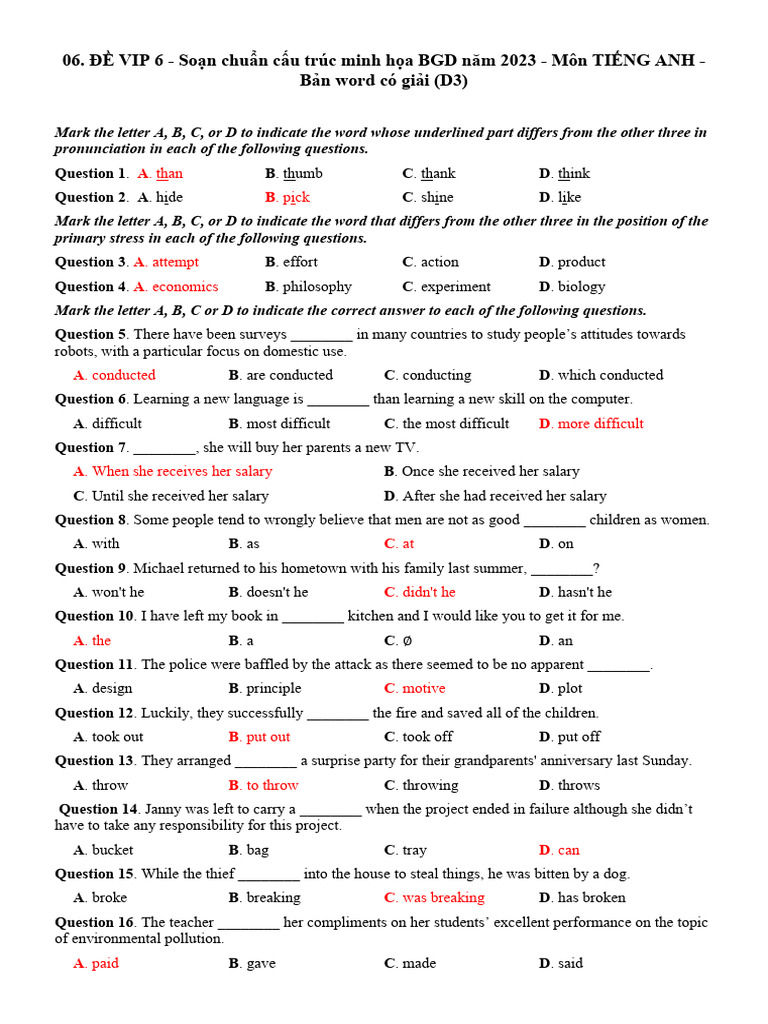 06. ĐỀ VIP 6 - Soạn Chuẩn Cấu Trúc Minh Họa BGD Năm 2023 - Môn TIẾNG ANH - Bản Word Có Giải (D3 ...