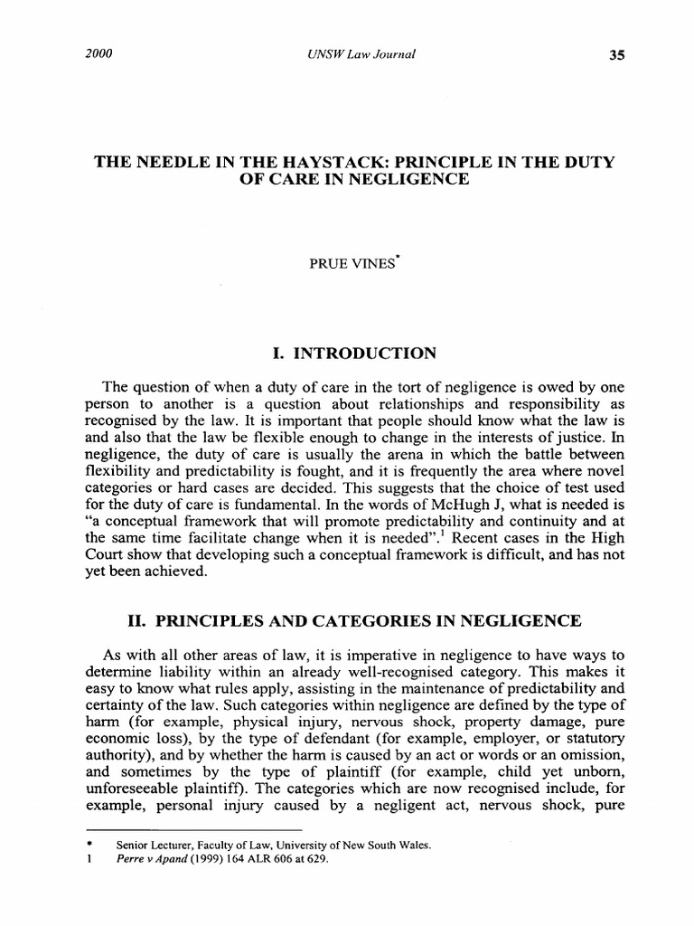 The Needle in The Haystack - Principle in The Duty of Care in Negligence | PDF | Negligence ...