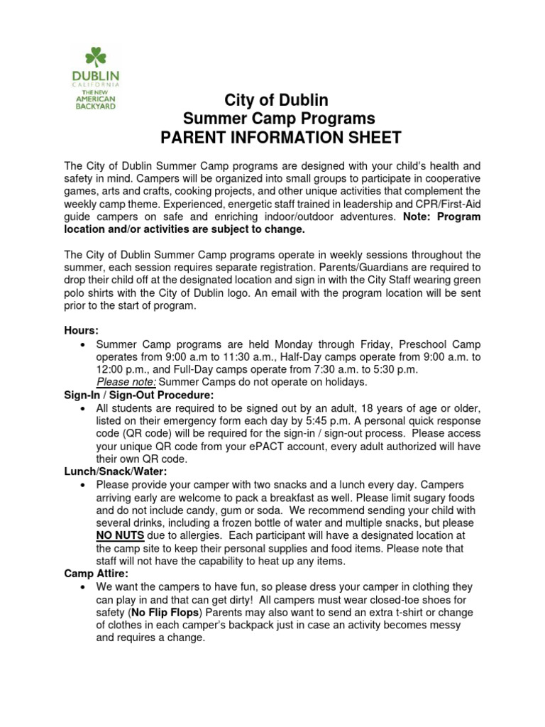 Dublin Summer Camp Parent Info Sheet | PDF | Camping