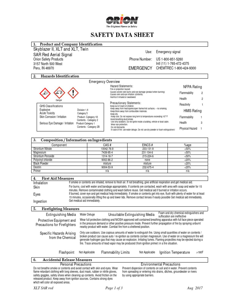 Safety Data Sheet: Skyblazer II, XLT and XLT, Twin SAR Red Aerial ...