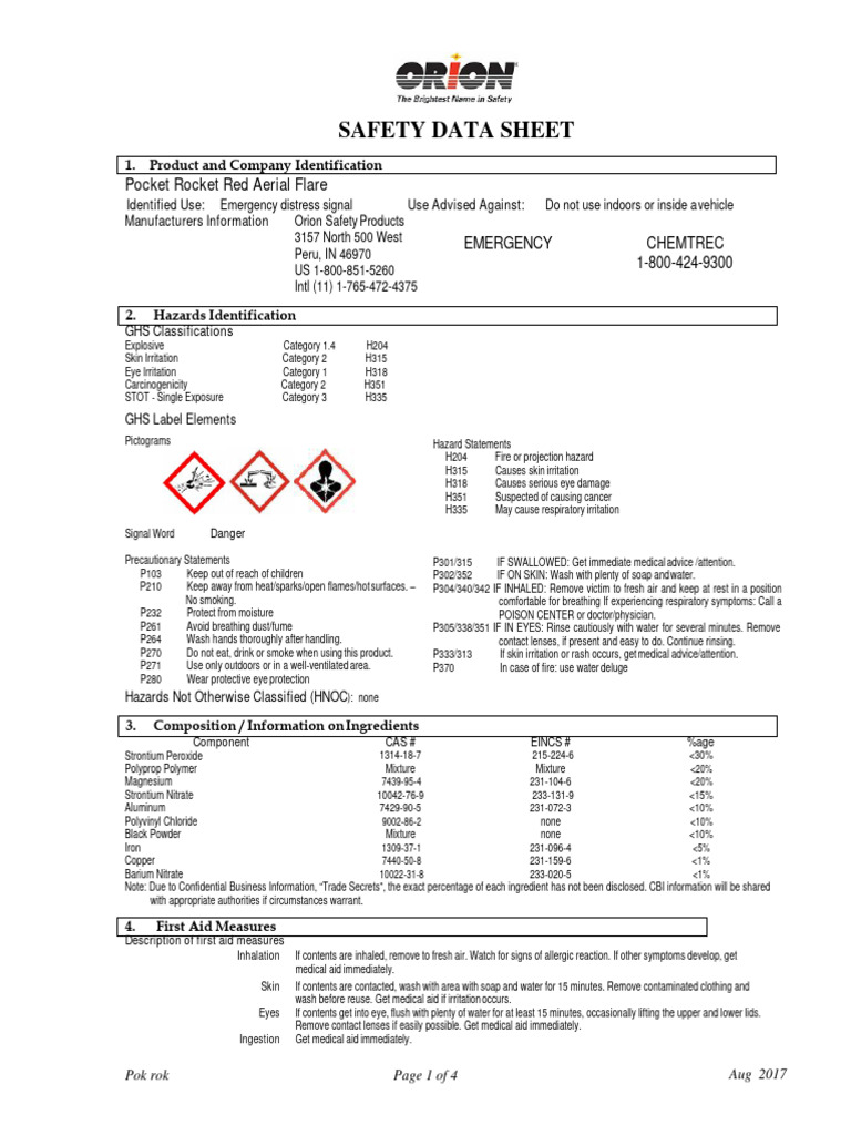 Pocket Rocket Red Aerial Flare SDS | PDF | Toxicity | Safety