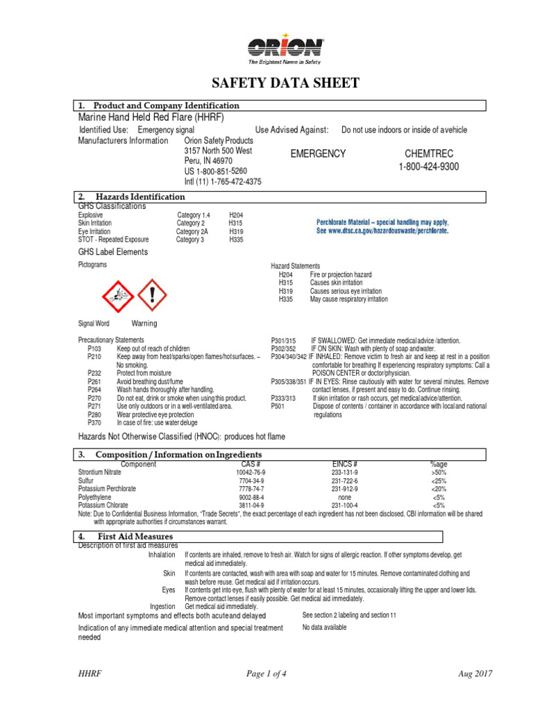Safety Data Sheet: Marine Hand Held Red Flare (HHRF) Emergency | PDF